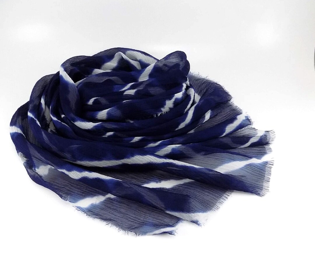 Blue and White Tie Dye Stripe Silk Scarf, Small Lightweight Indigo Blue ...