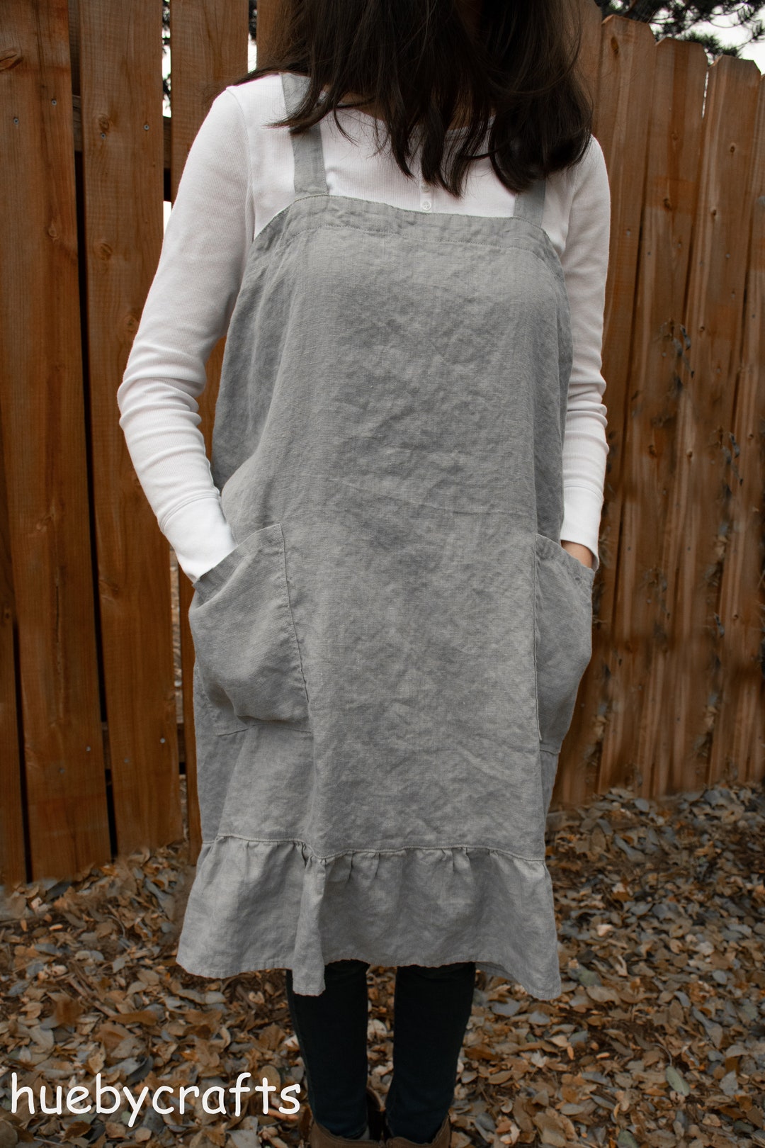 Fog Gray Ruffled Linen Apron, Grey Pinafore Apron With Ruffle, Cross ...