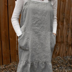 Fog Gray Ruffled Linen Apron, Grey Pinafore Apron With Ruffle, Cross ...