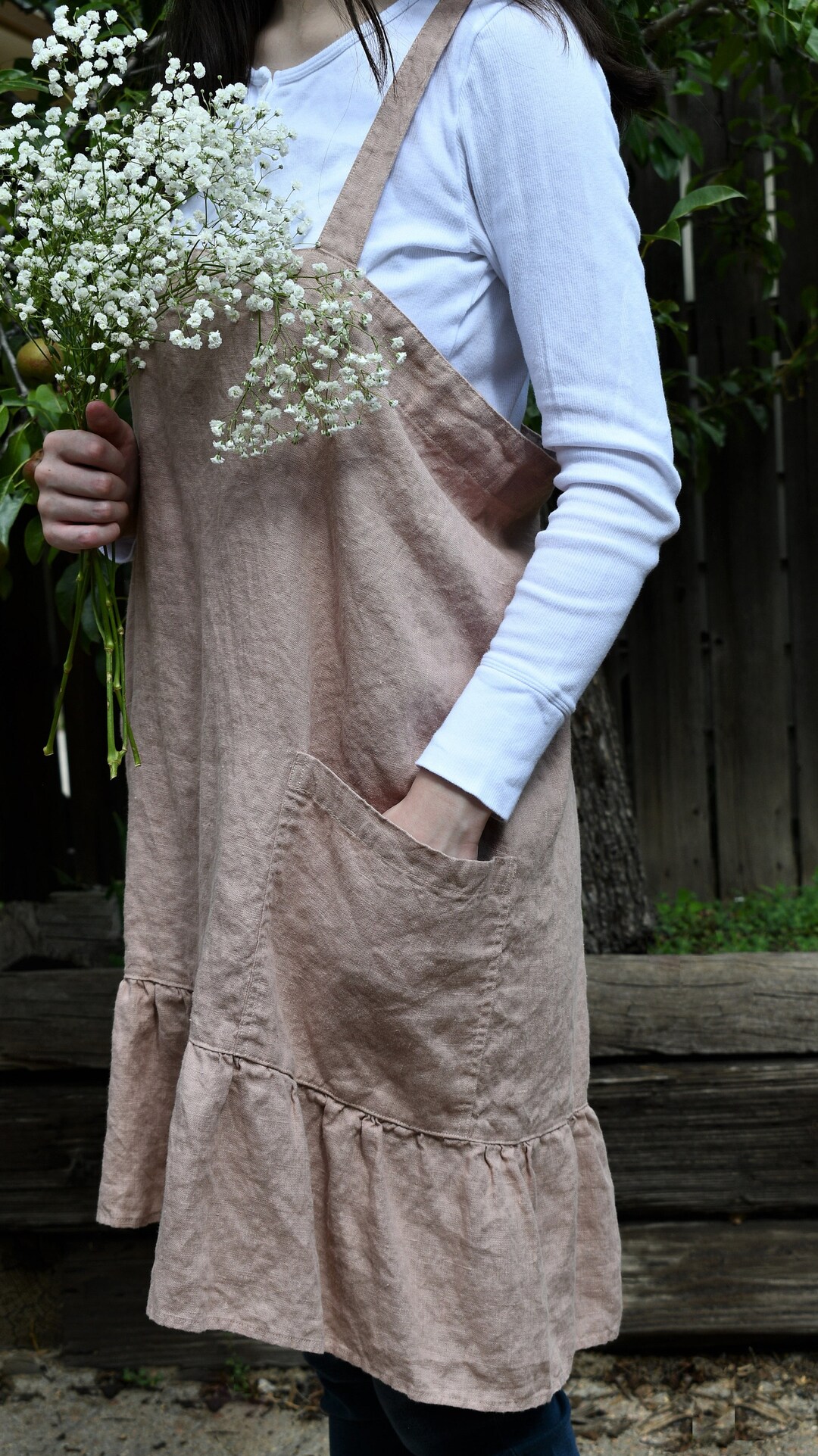 Dusty Pink Linen Pinafore Apron, Cross Back Cottage Kitchen Ruffle ...