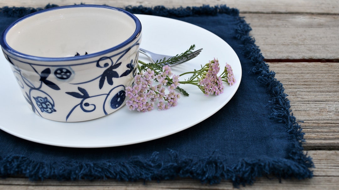 Cobalt Blue Linen Placemat With Handmade Fringe, Dark Blue Double ...
