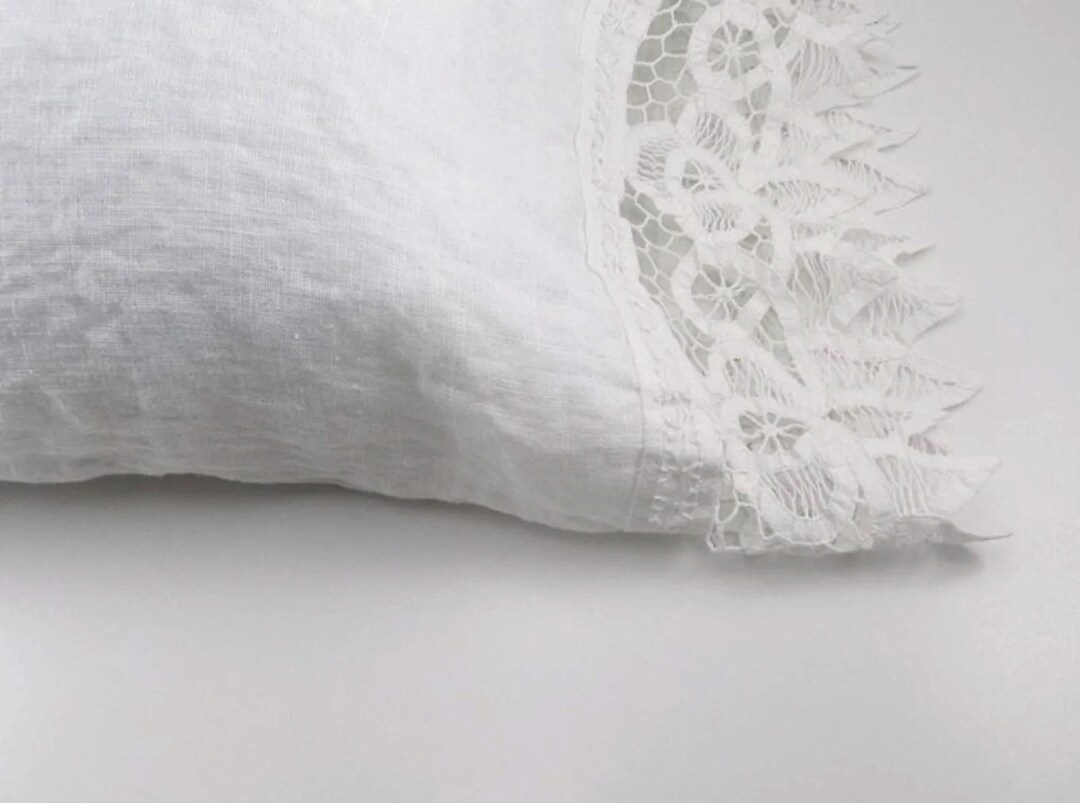 White Linen Pillowcase With Battenburg Lace, Modern Cottage Home, 100% ...
