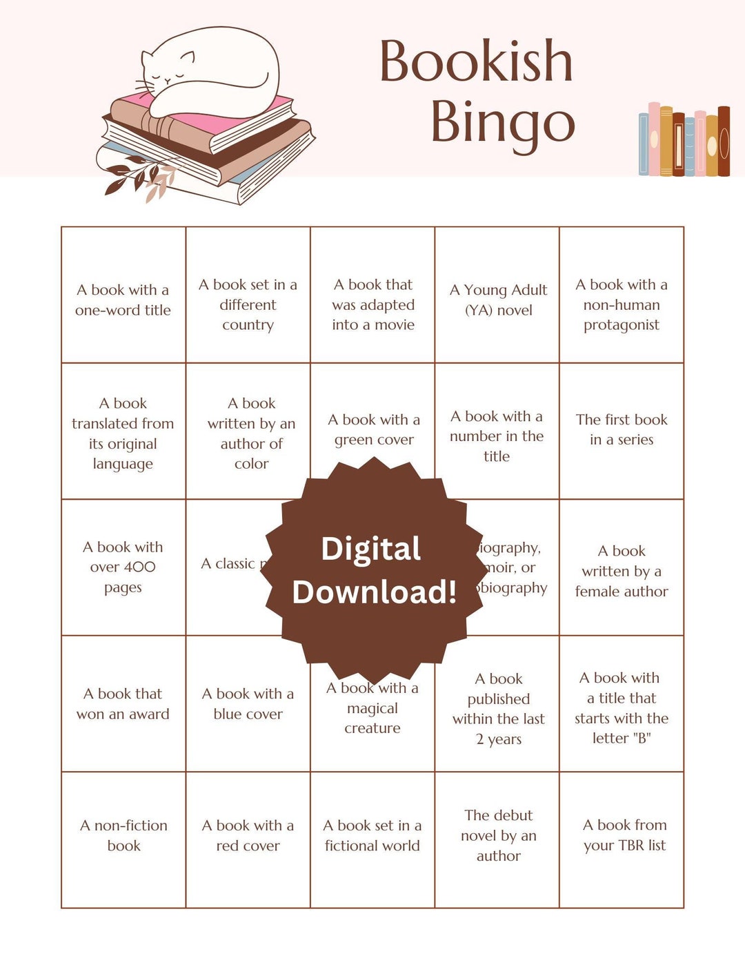 Book Bingo Card | Printable Reading Challenge (digital Download) - Etsy ...