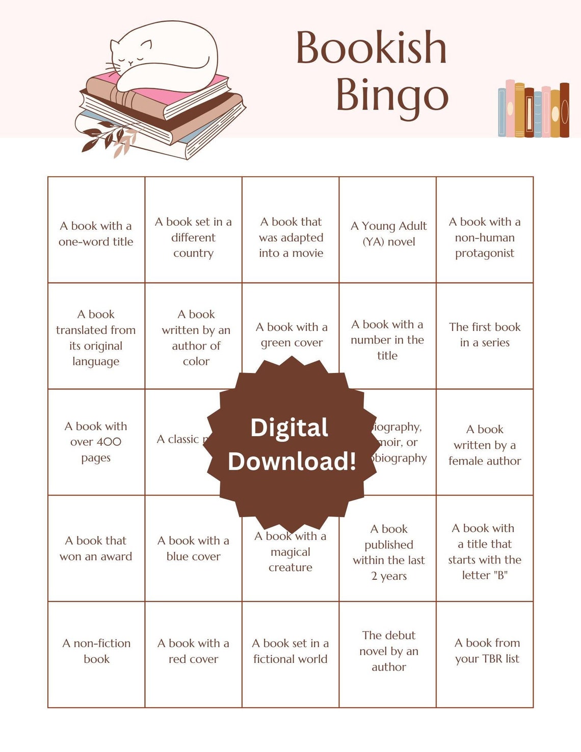 Book Bingo for Reading Inspiration | Instant Download | Printable ...