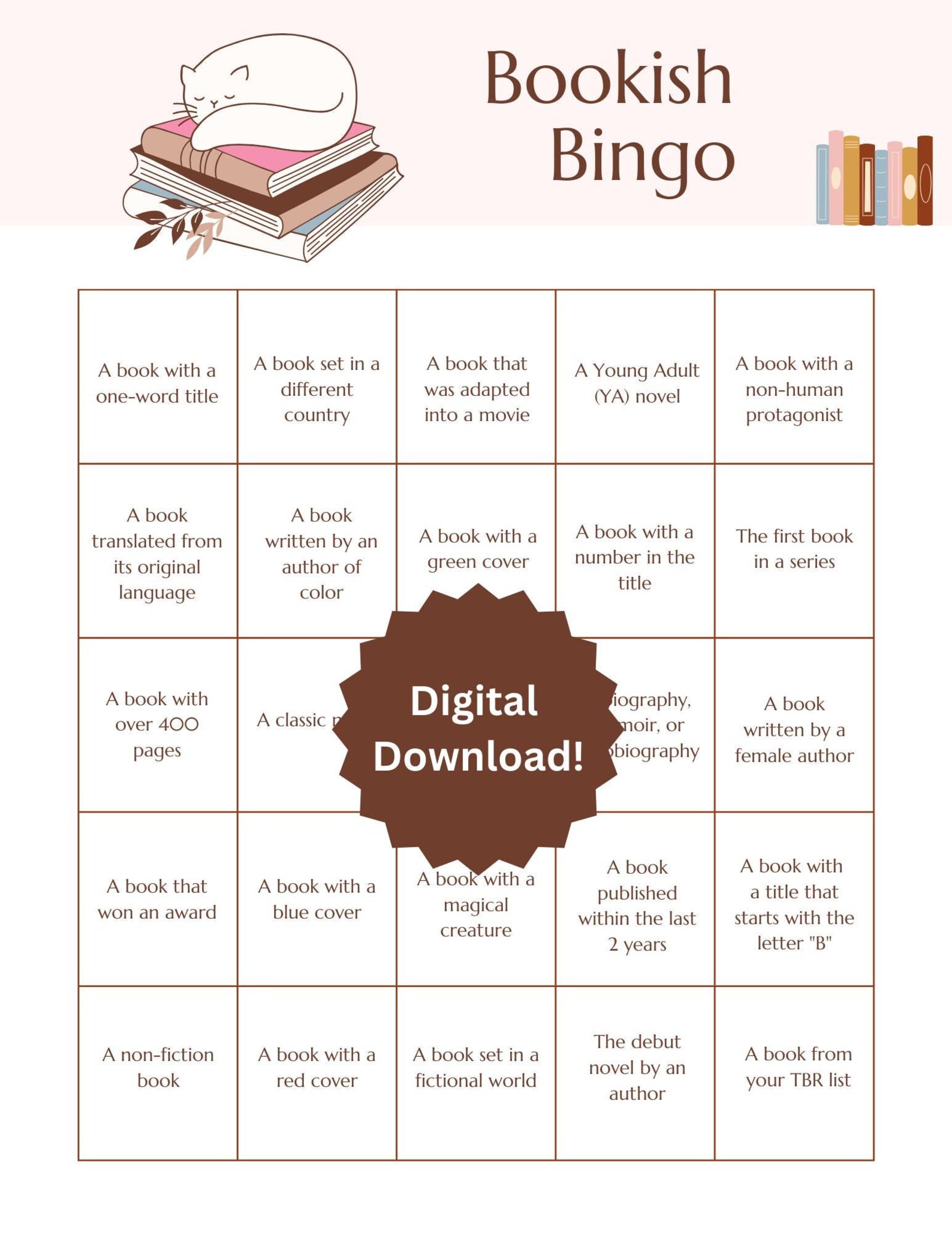 Book Bingo for Reading Inspiration | Instant Download | Printable ...