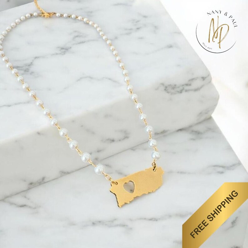 Puerto Rico Necklace, Puerto Rico Map, Pearls Necklace, Stainless Steel ...