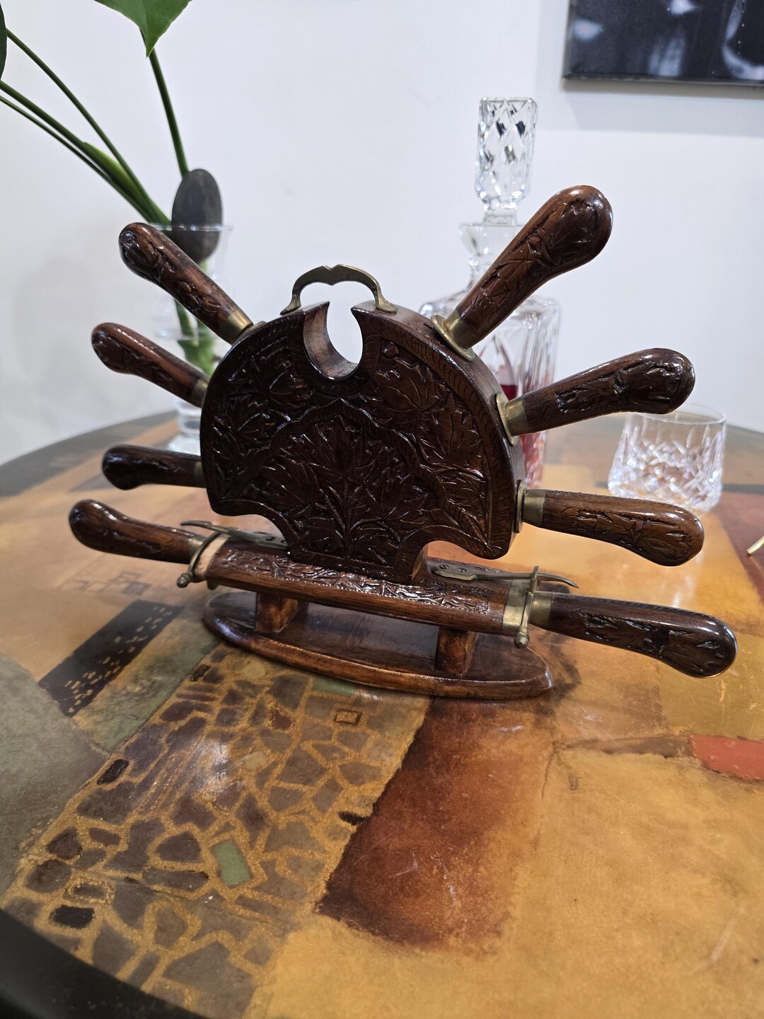 Vintage Indian Steel Knife and Prong Set With Hand Carved Laquered ...
