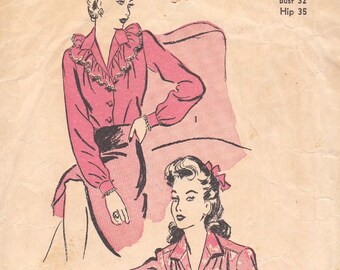 Mccall 6709 Vintage 1940s Sewing Pattern Blouse Shirt Top Size 14 Bust ...
