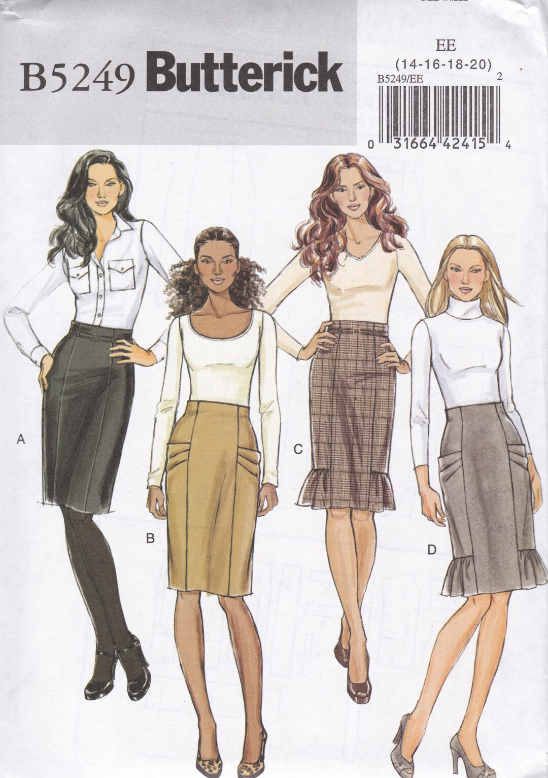 Butterick 5249 Sewing Pattern Slim Skirt Sizes 14 16 18 20 Waist 28 30 ...