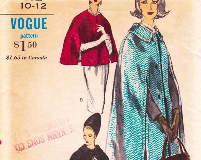 Vogue 6032 Vintage 1960s Sewing Pattern Cape Cloak Wrap Coat Capelet ...