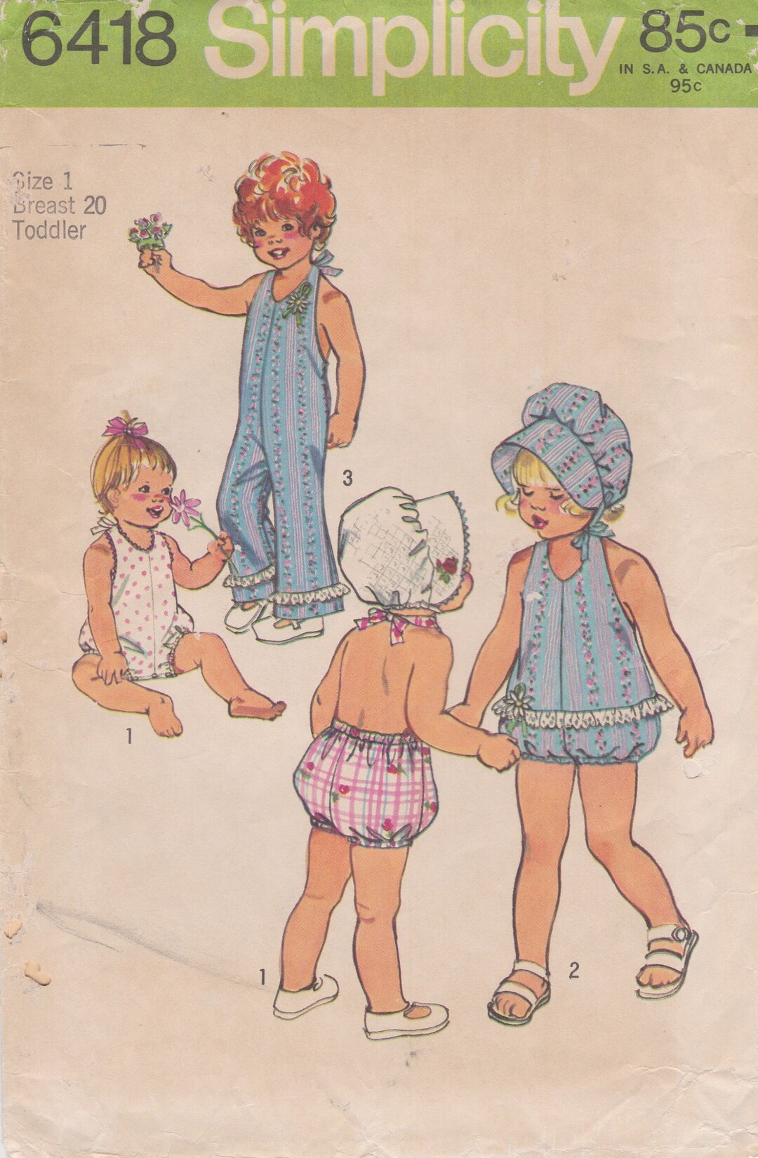 Simplicity 6418 Vintage Childs Sewing Pattern Playsuit Romper Bonnet ...