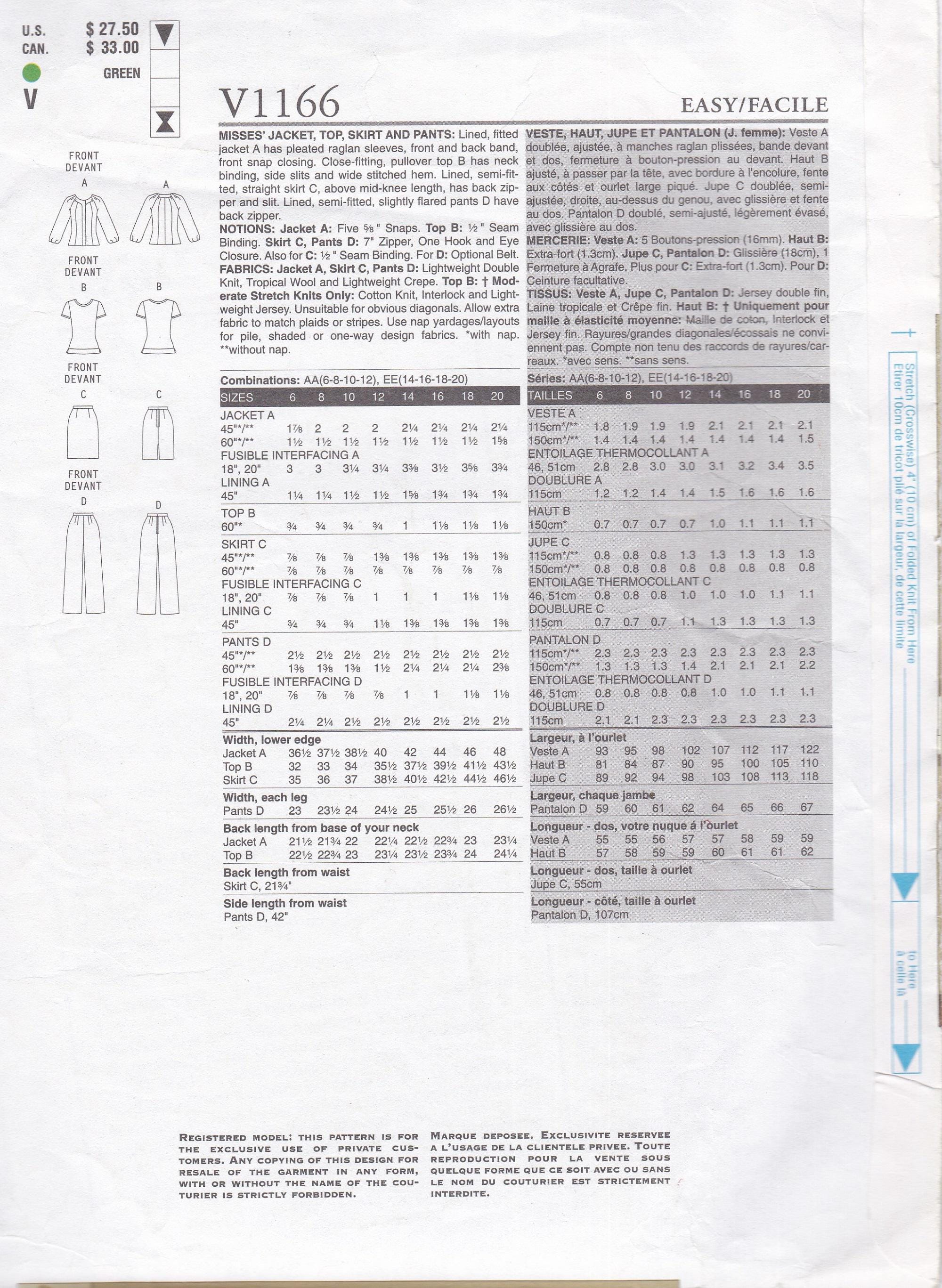 Vogue 1166 Sewing Pattern Trousers Pants Skirt Jacket Top Sizes 6 8 10 ...