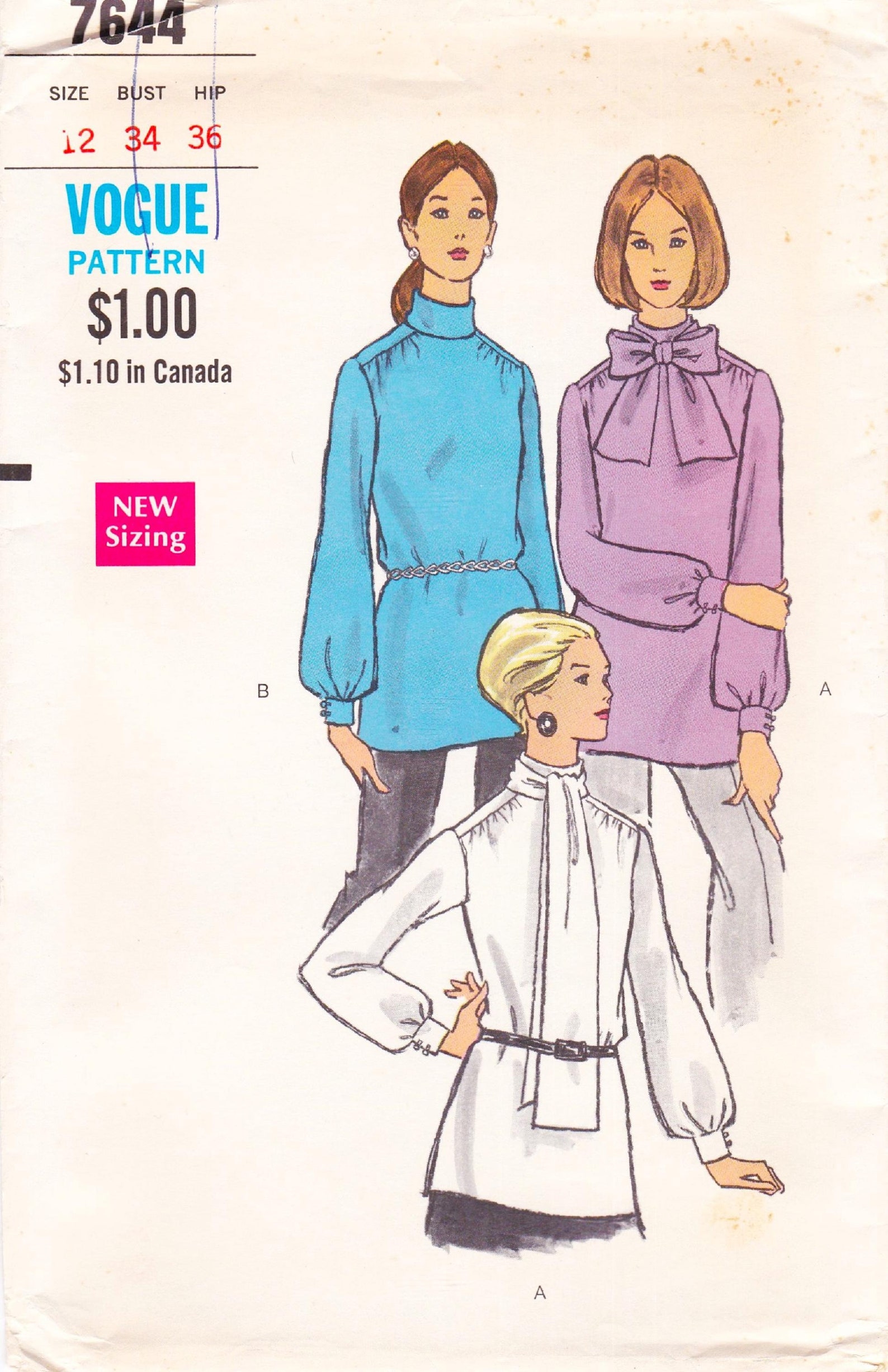Vogue 7644 Vintage Sewing Pattern Blouse Shirt Top Tunic Size 12 Bust ...
