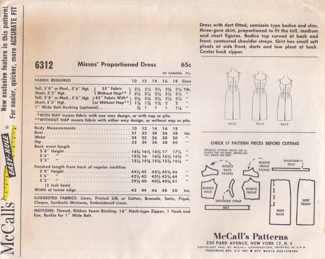 Mccalls 6312 Vintage 1960s Sewing Pattern, Sheath Dress, Proportioned ...