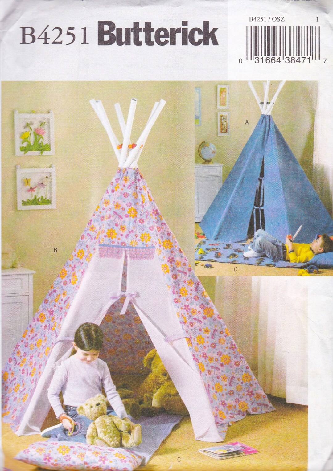 Butterick 4251 Vintage Sewing Pattern Tee Pee Teepee Play Tent Unused ...