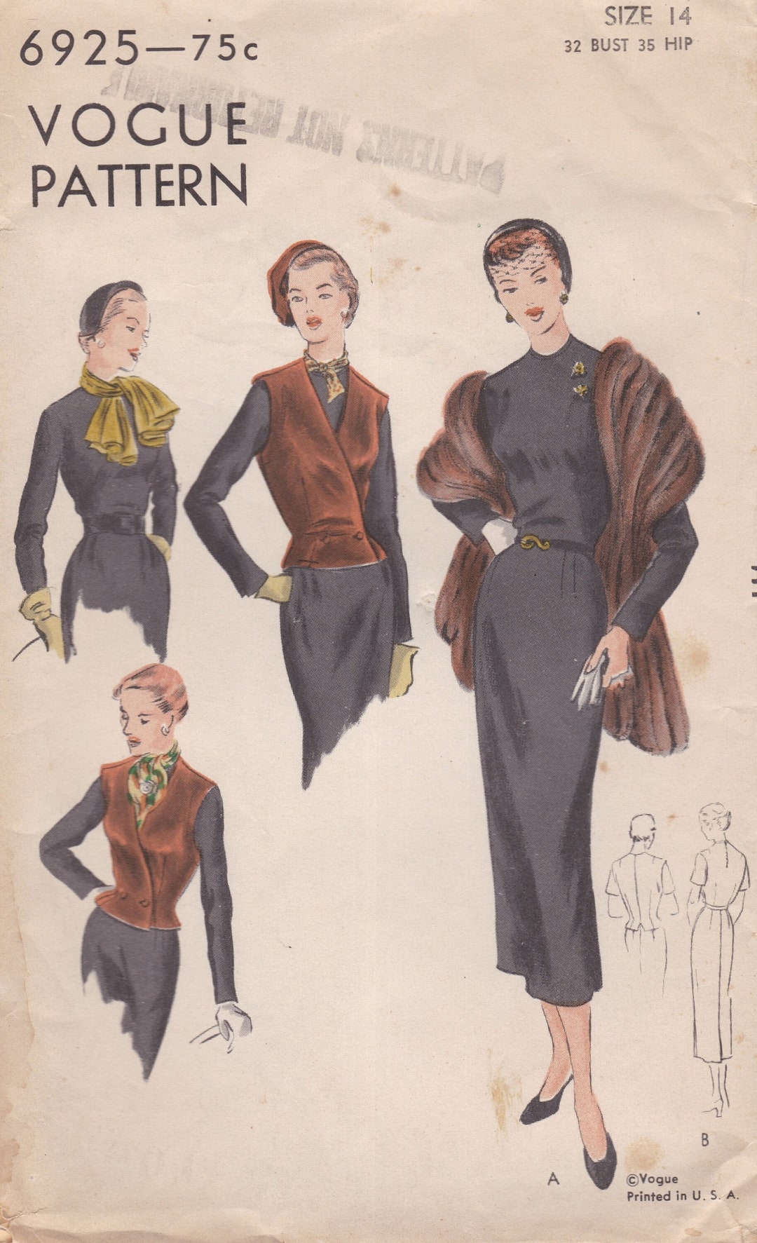 Vogue 6925 Vintage 1940s Sewing Pattern Dress and Waistcoat Vest Size ...