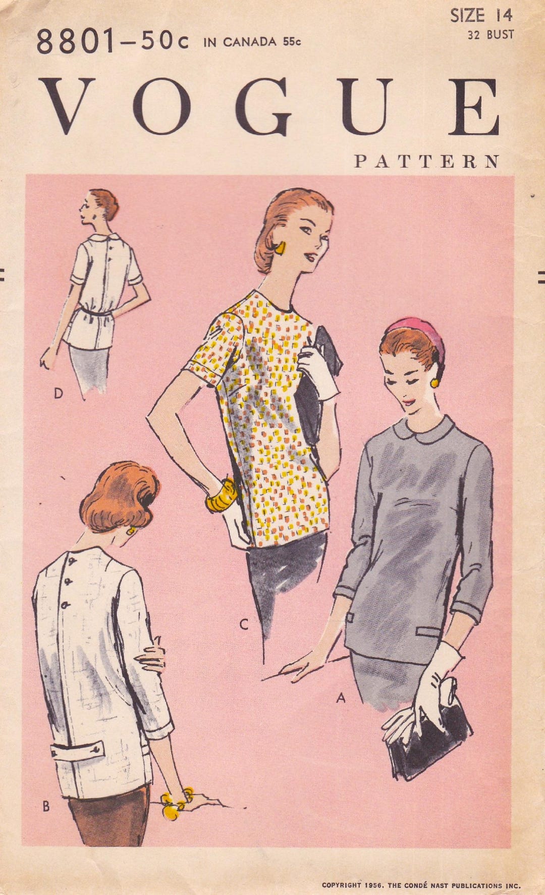 Vogue 8801 Vintage 1950s Sewing Pattern Blouse Shirt Top Overblouse ...