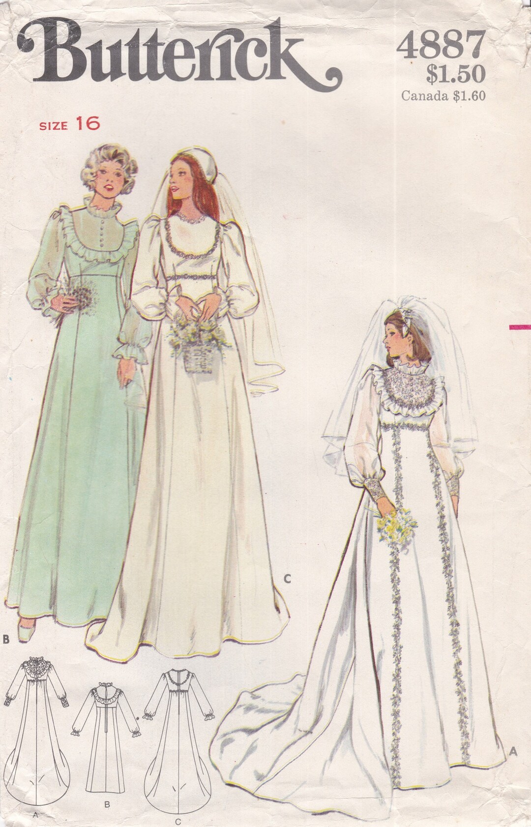 Butterick 4887 Vintage 1970s Sewing Pattern Wedding Dress Bridal Gown ...