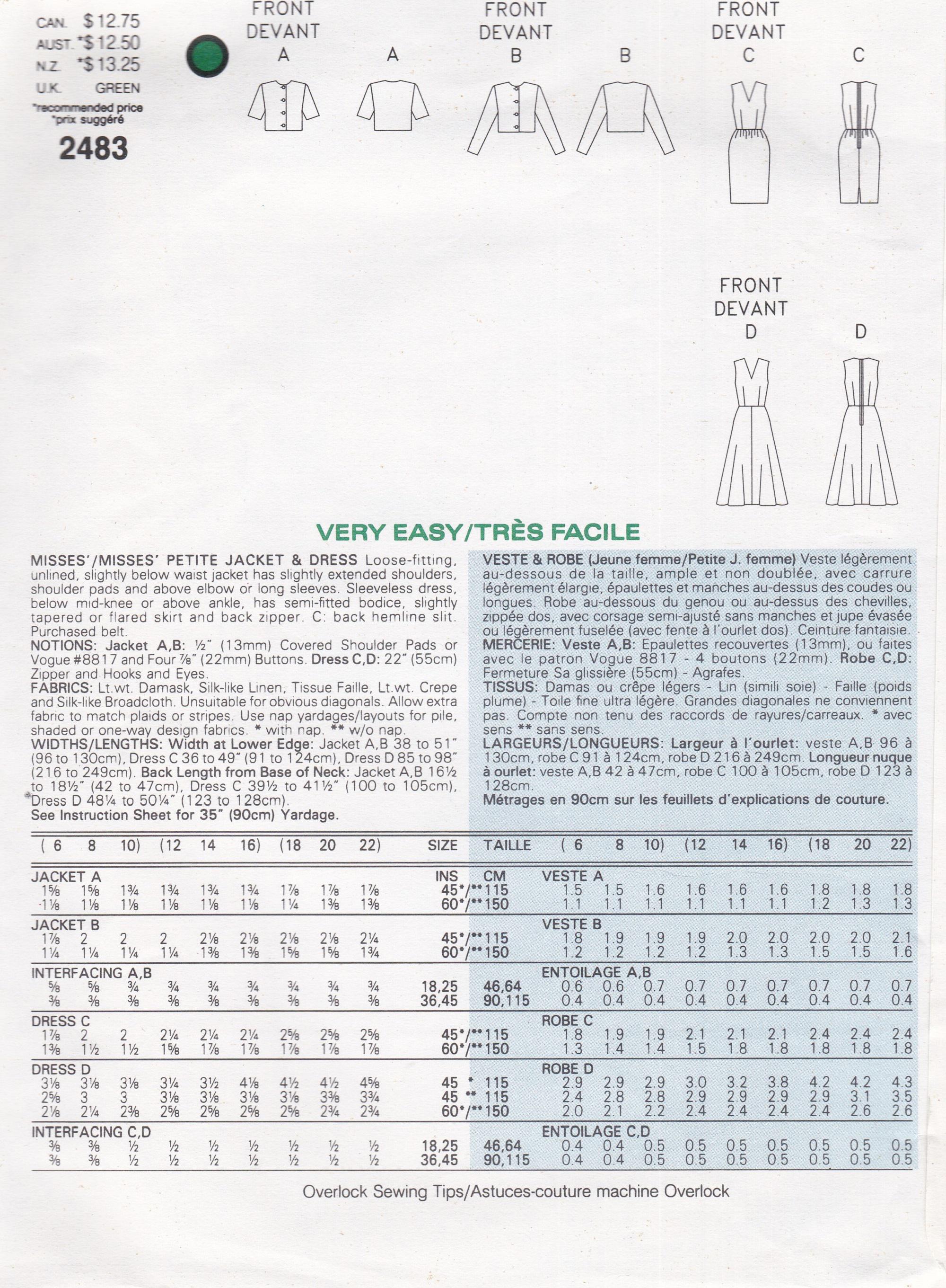 Very Easy Vogue 2483 Vintage Basic Design Sewing Pattern Dress and ...
