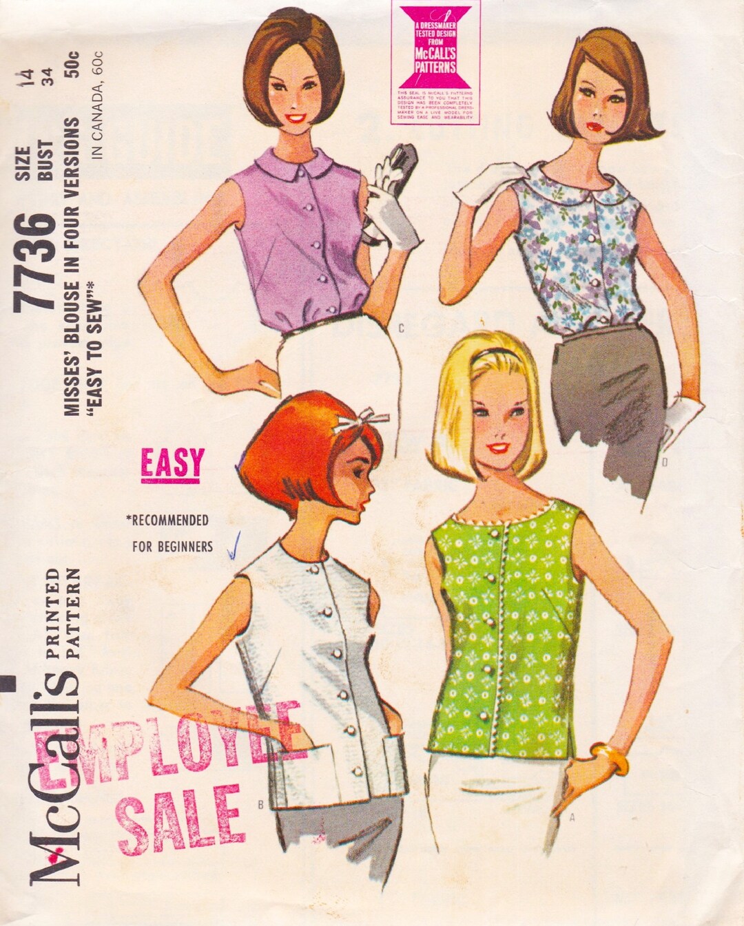 Mccalls 7736 Vintage 1960s Sewing Pattern Blouse Shirt Top Size 14 Bust ...