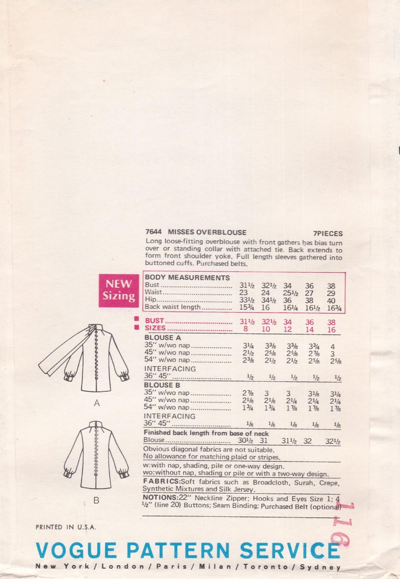 Vogue 7644 Vintage Sewing Pattern Blouse Shirt Top Tunic Size 12 Bust ...