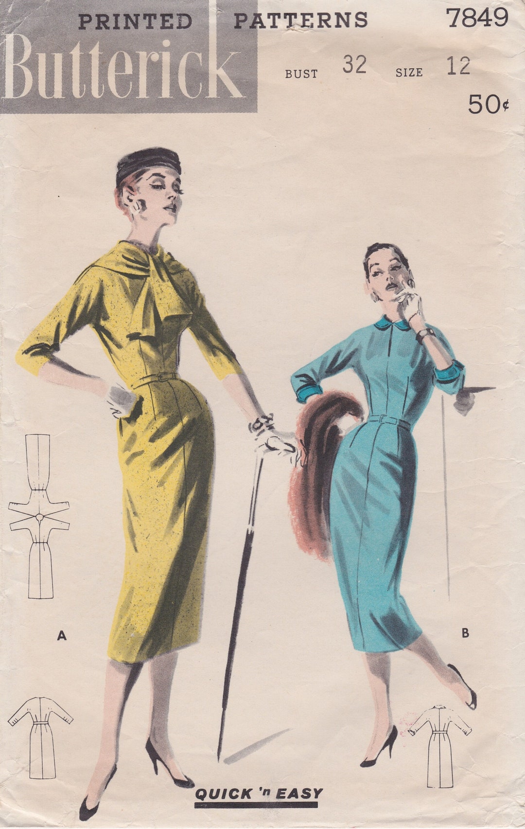 Butterick 7849 Vintage 1950s Sewing Pattern Dress Size 12 Bust - Etsy