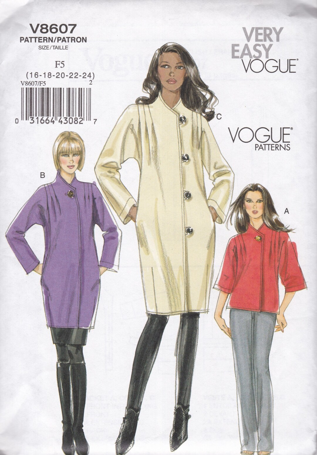 Very Easy Vogue 8607 Sewing Pattern Jacket Coat Sizes 16 18 20 22 24 ...