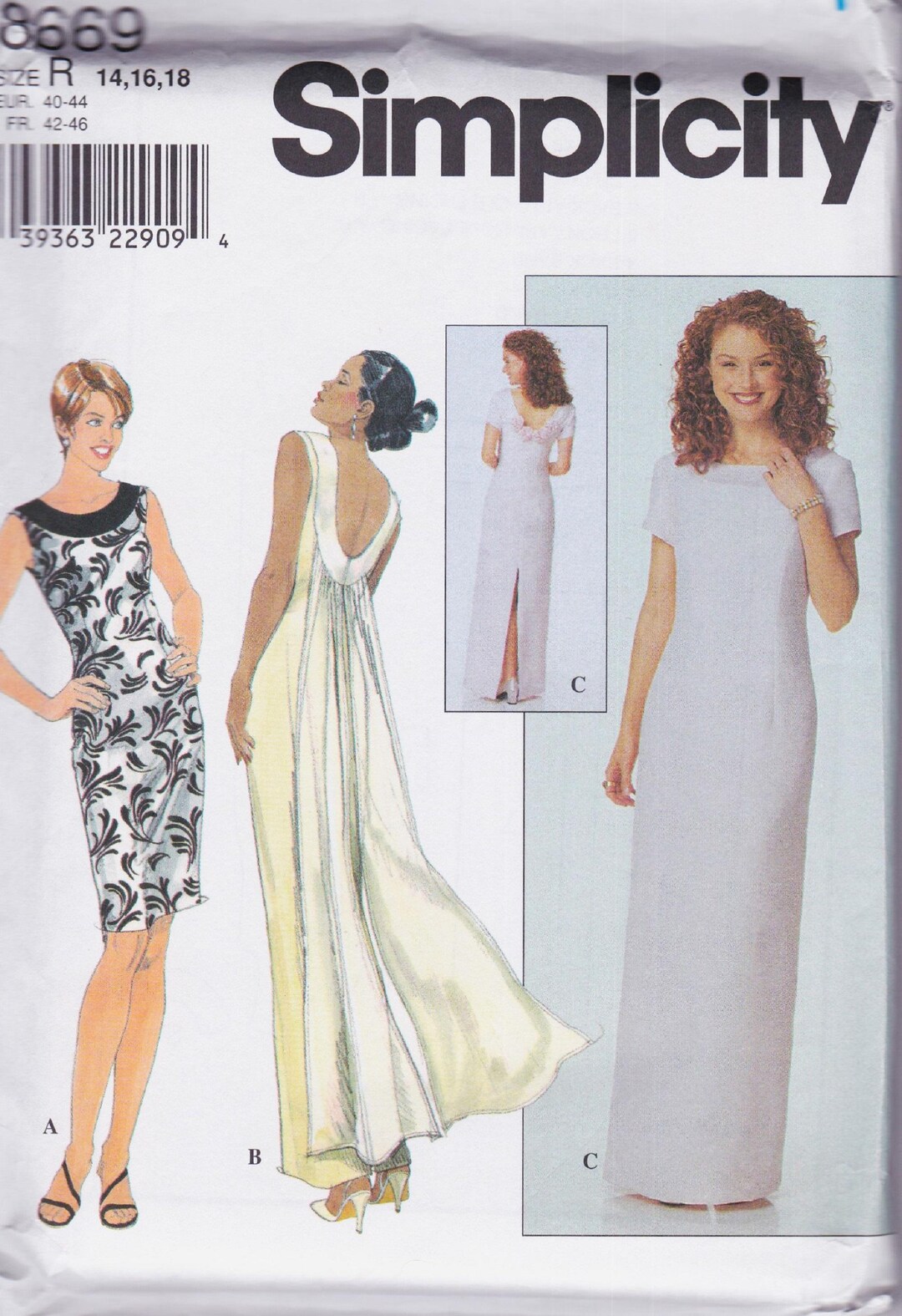 Simplicity 8669 Vintage Sewing Pattern Sheath Dress Gown Sizes 14 16 18 ...