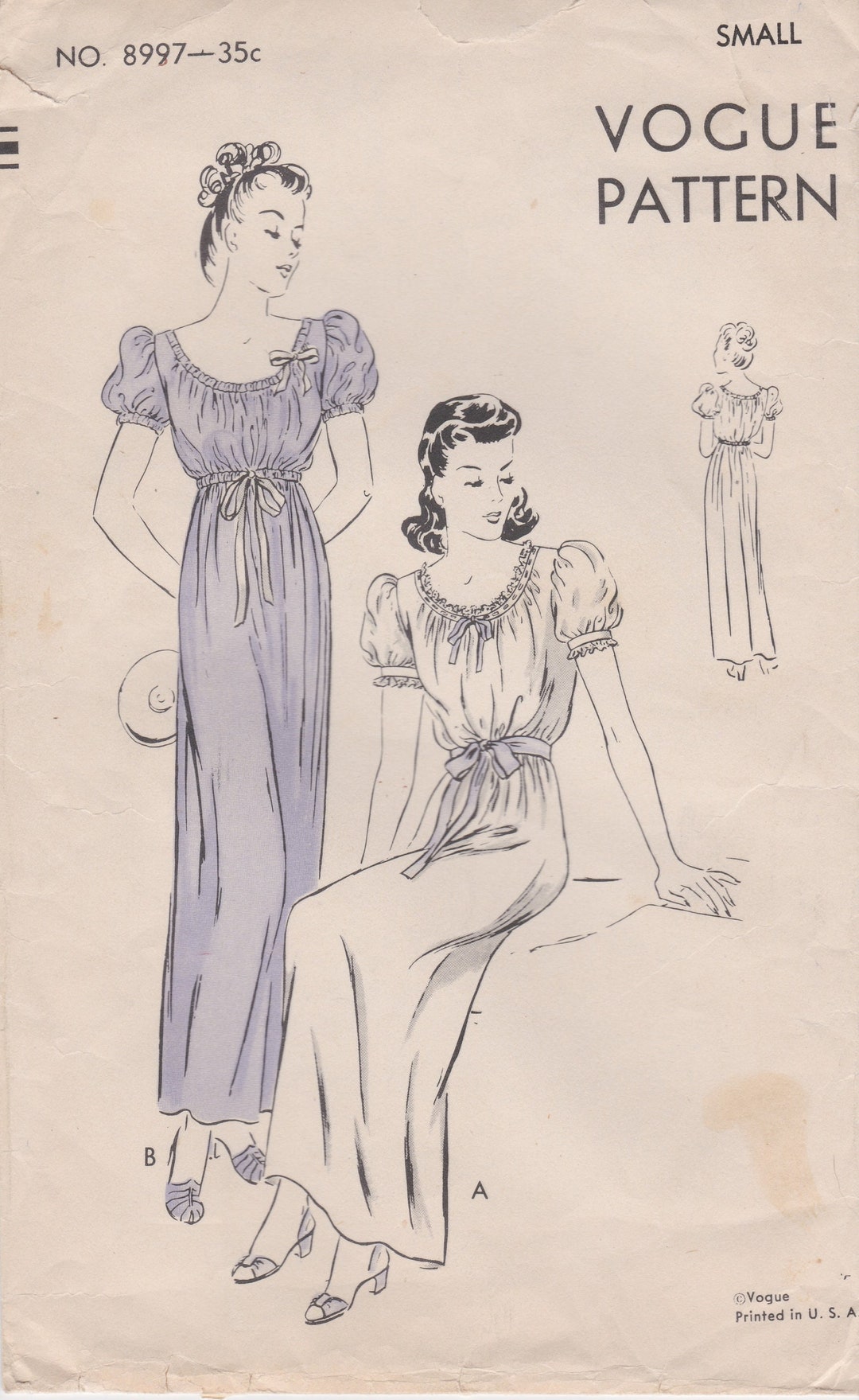 Vogue 8997 Vintage 1940s Sewing Pattern Gown Nightgown - Etsy