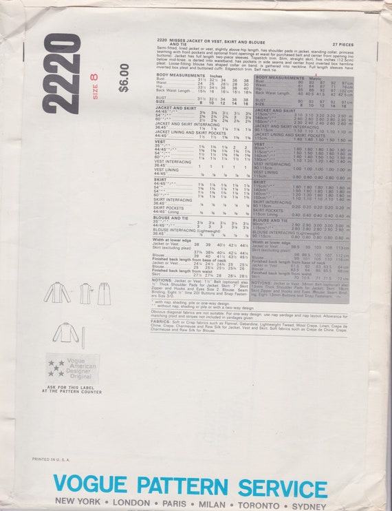 Vogue 2220 Sewing Pattern Misses Vintage 70s Jacket or Vest Skirt ...