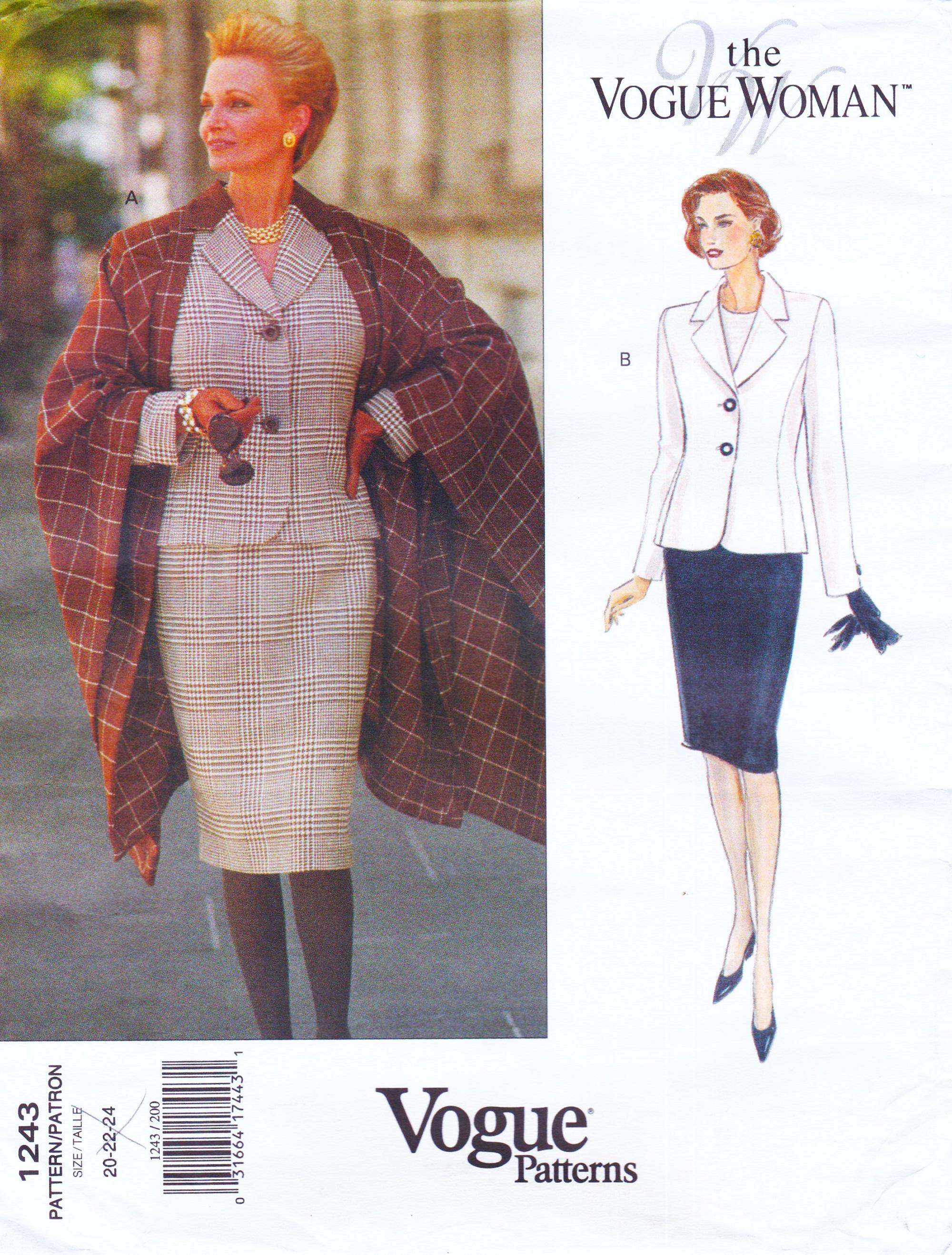 Vogue 1243, Vintage Sewing Pattern, Jacket, Skirt, Cape, Suit, Sizes 20 ...