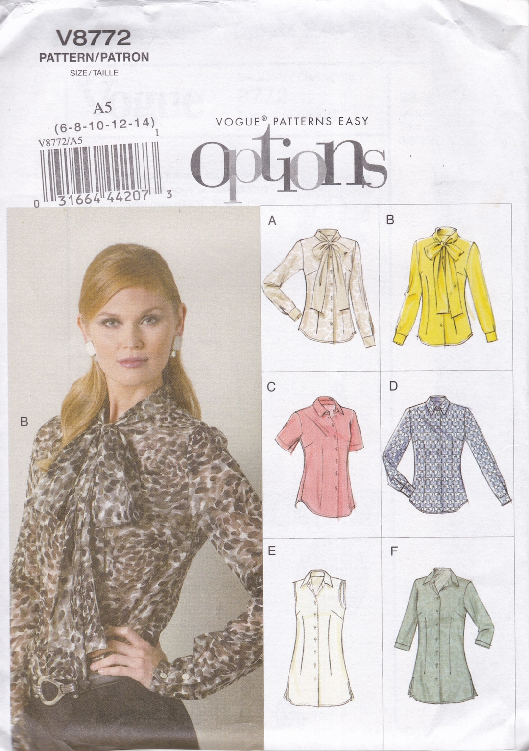 Vogue 8772 Easy Options Sewing Pattern Blouse Shirt Top Sizes 6 8 10 12 ...