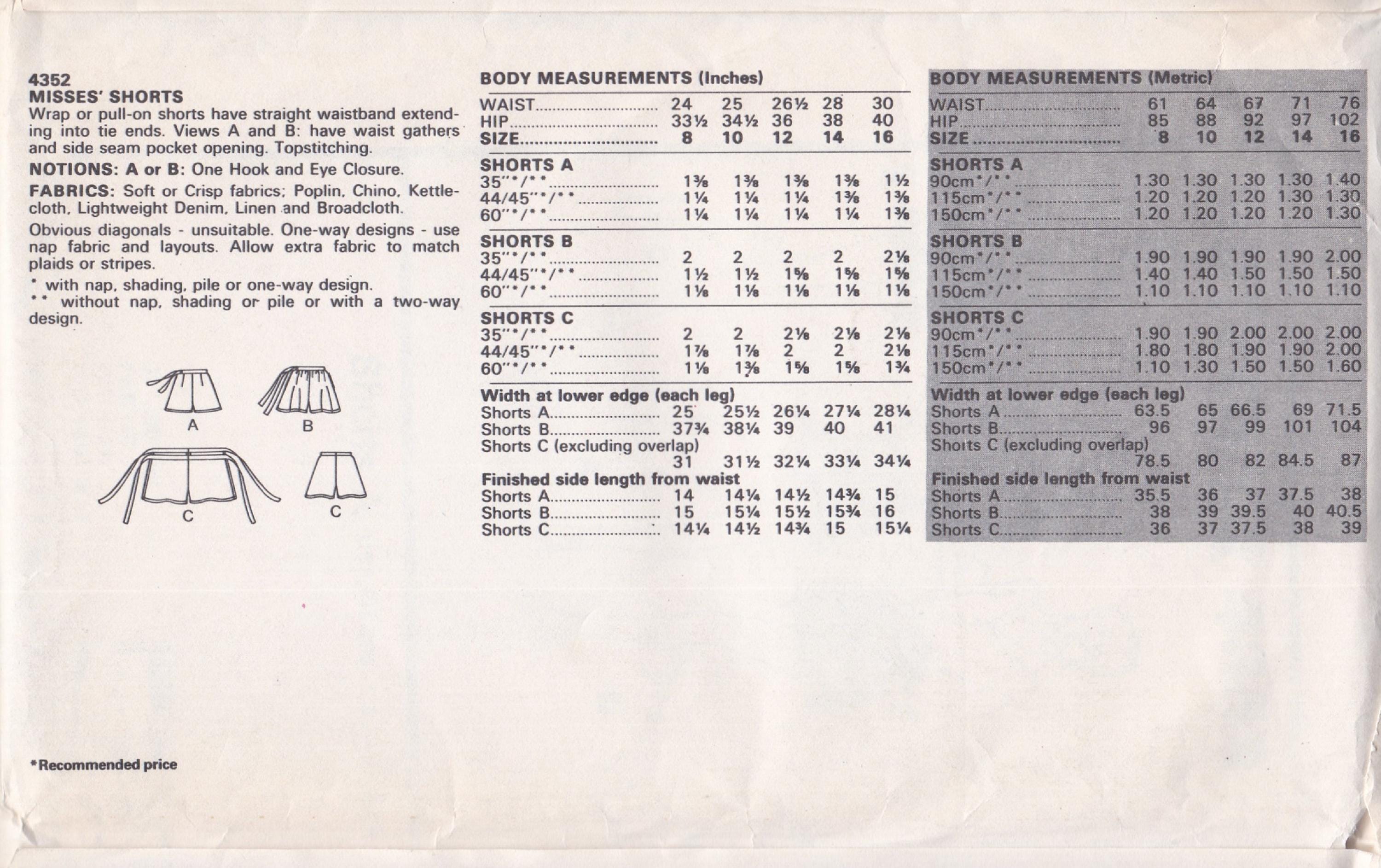 Butterick 4352 Vintage Sewing Pattern Shorts Size 14 Waist 28 Unused - Etsy
