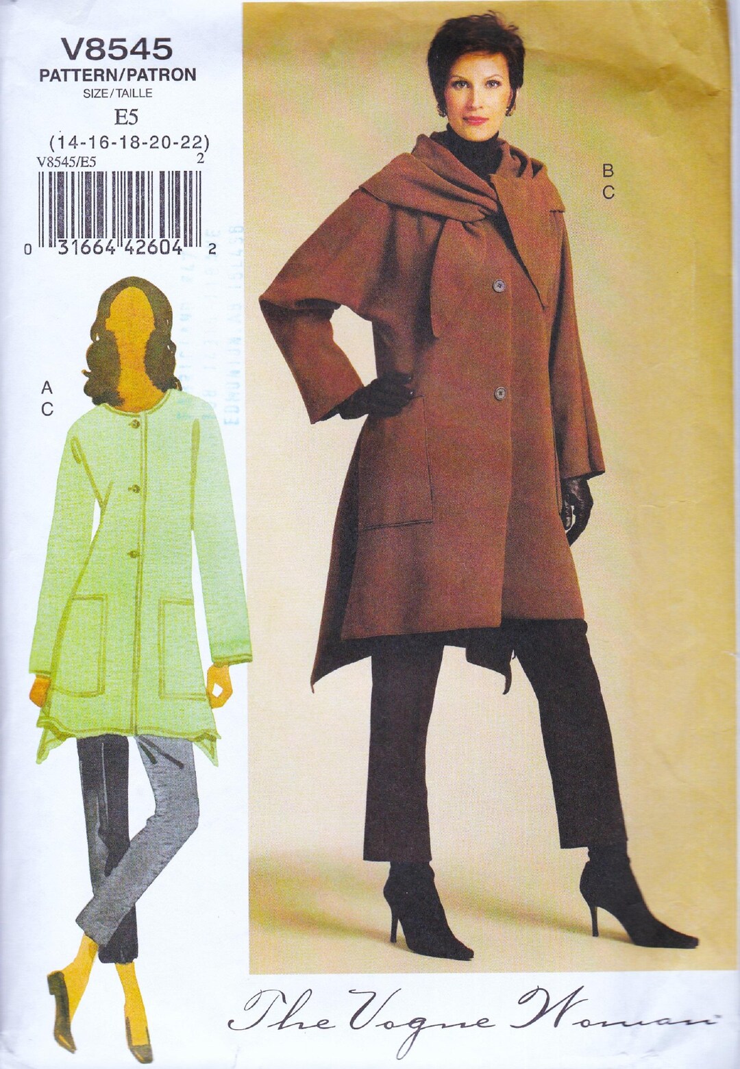 Vogue 8545 Sewing Pattern Jacket Coat Trousers Pants Sizes 14 16 18 20 ...