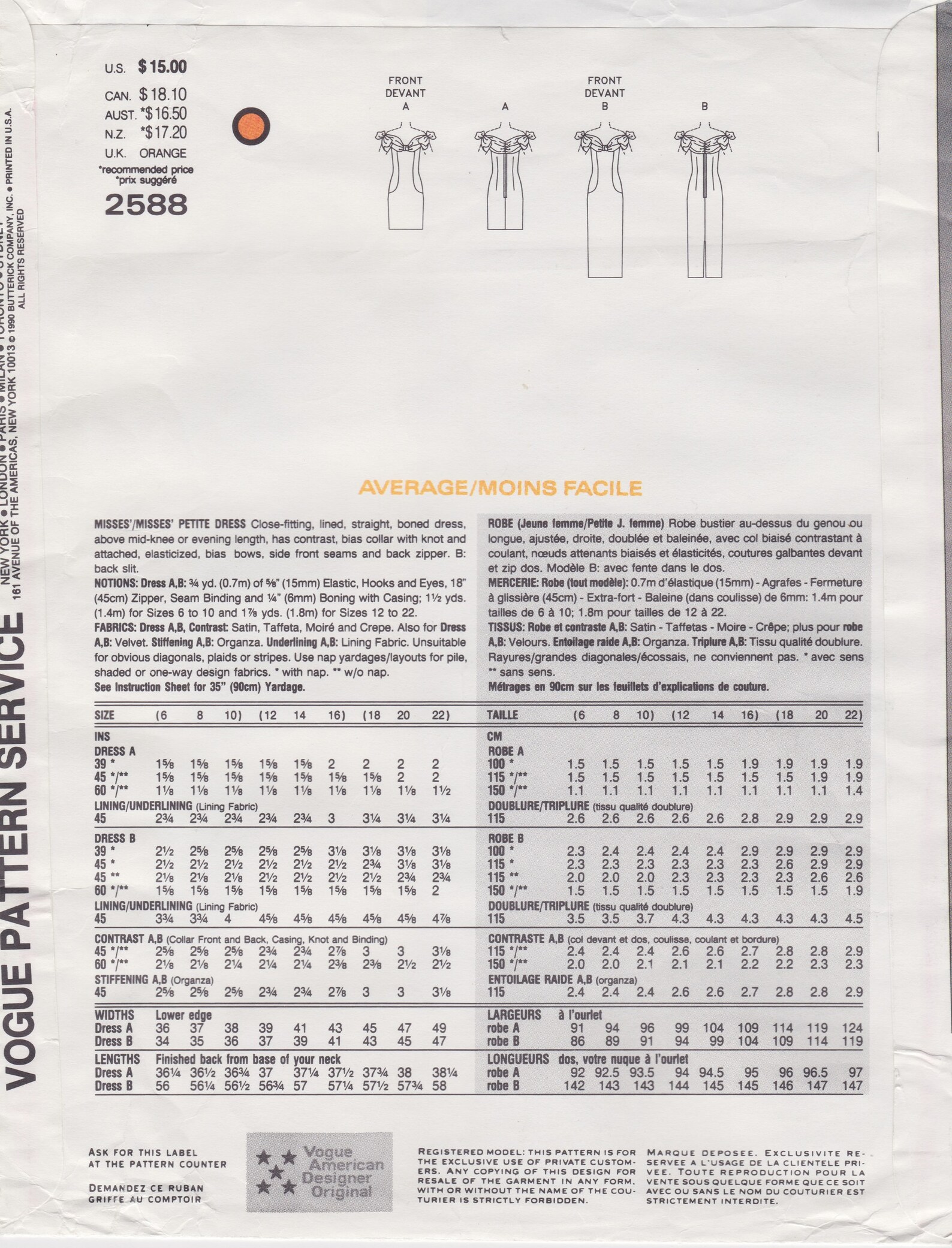 Vogue 2588 / Vintage Designer Sewing Pattern by Victor Costa / - Etsy