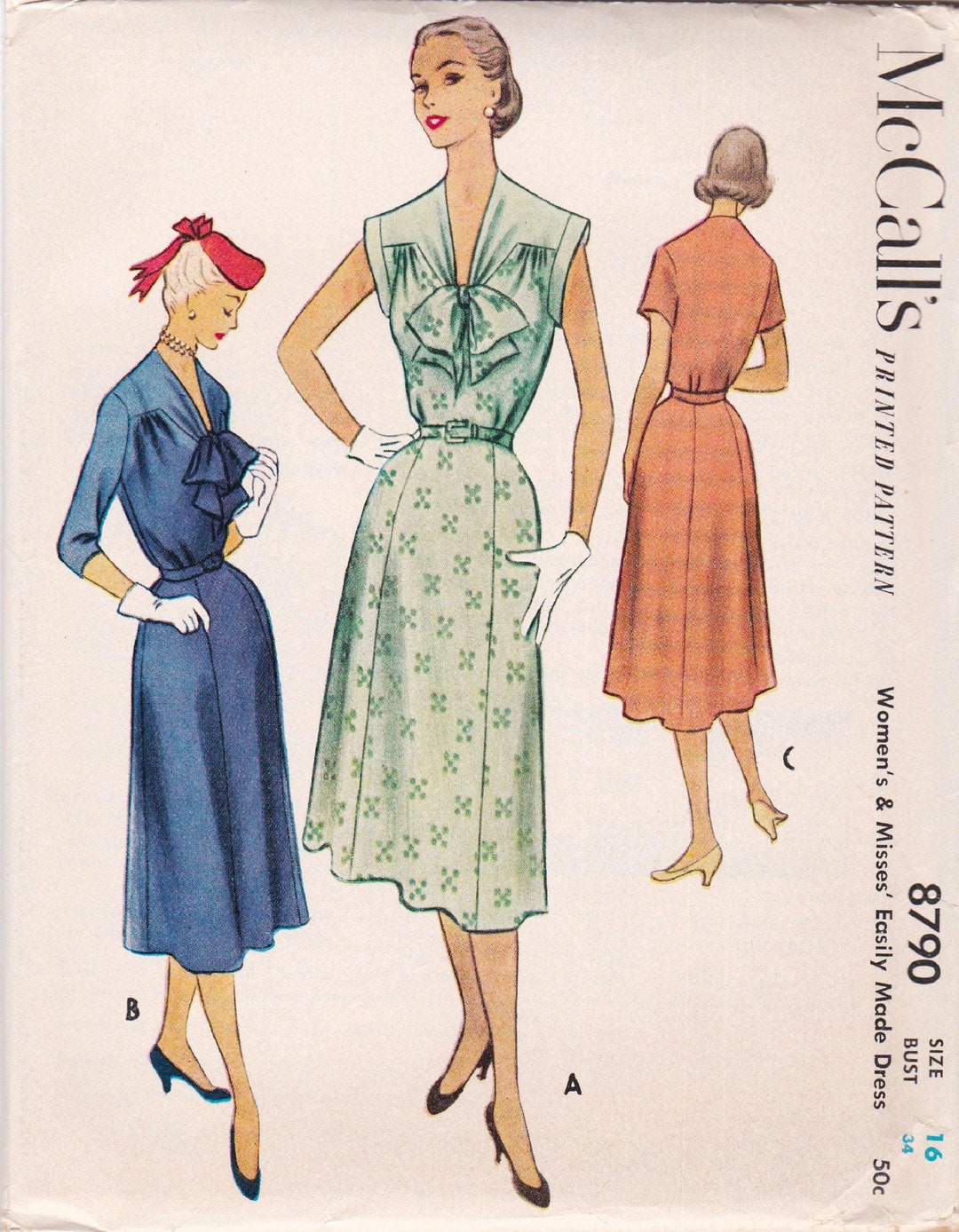 Mccalls 8790 Vintage 1950s Sewing Pattern Dress Size 16 Bust 34 Unused ...