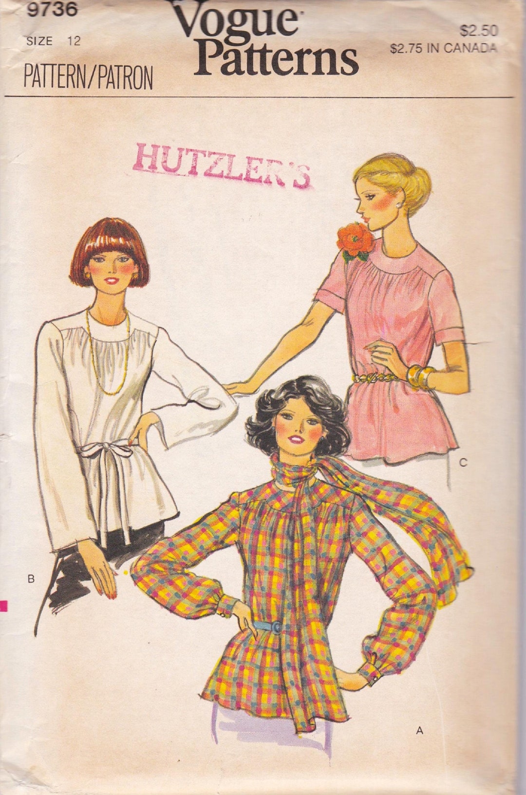 Vogue 9736 Vintage Sewing Pattern Blouse Shirt Top Tunic Size 12 Bust ...