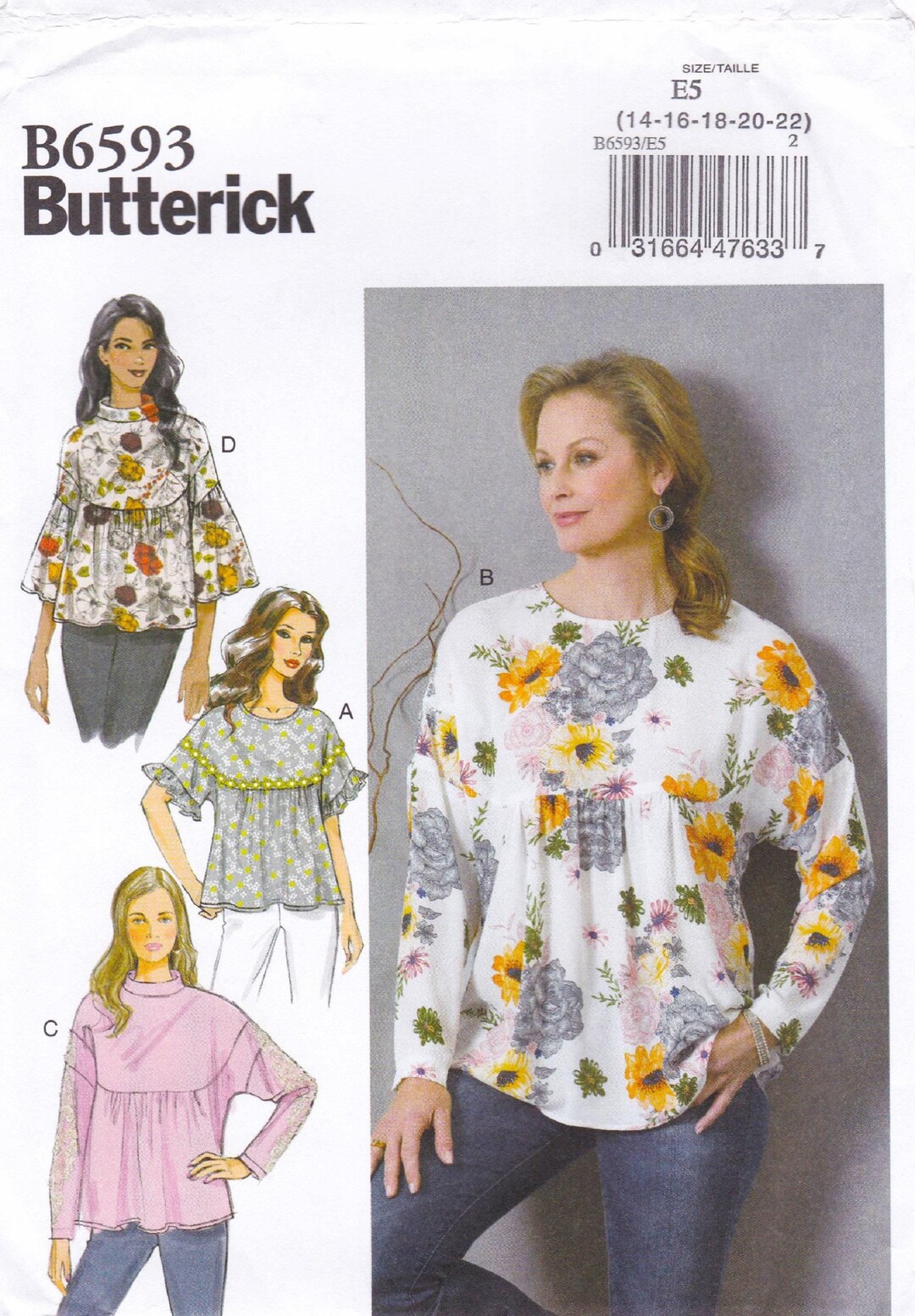 Butterick 6593 Sewing Pattern Blouse Shirt Top Sizes 14 16 18 20 22 ...
