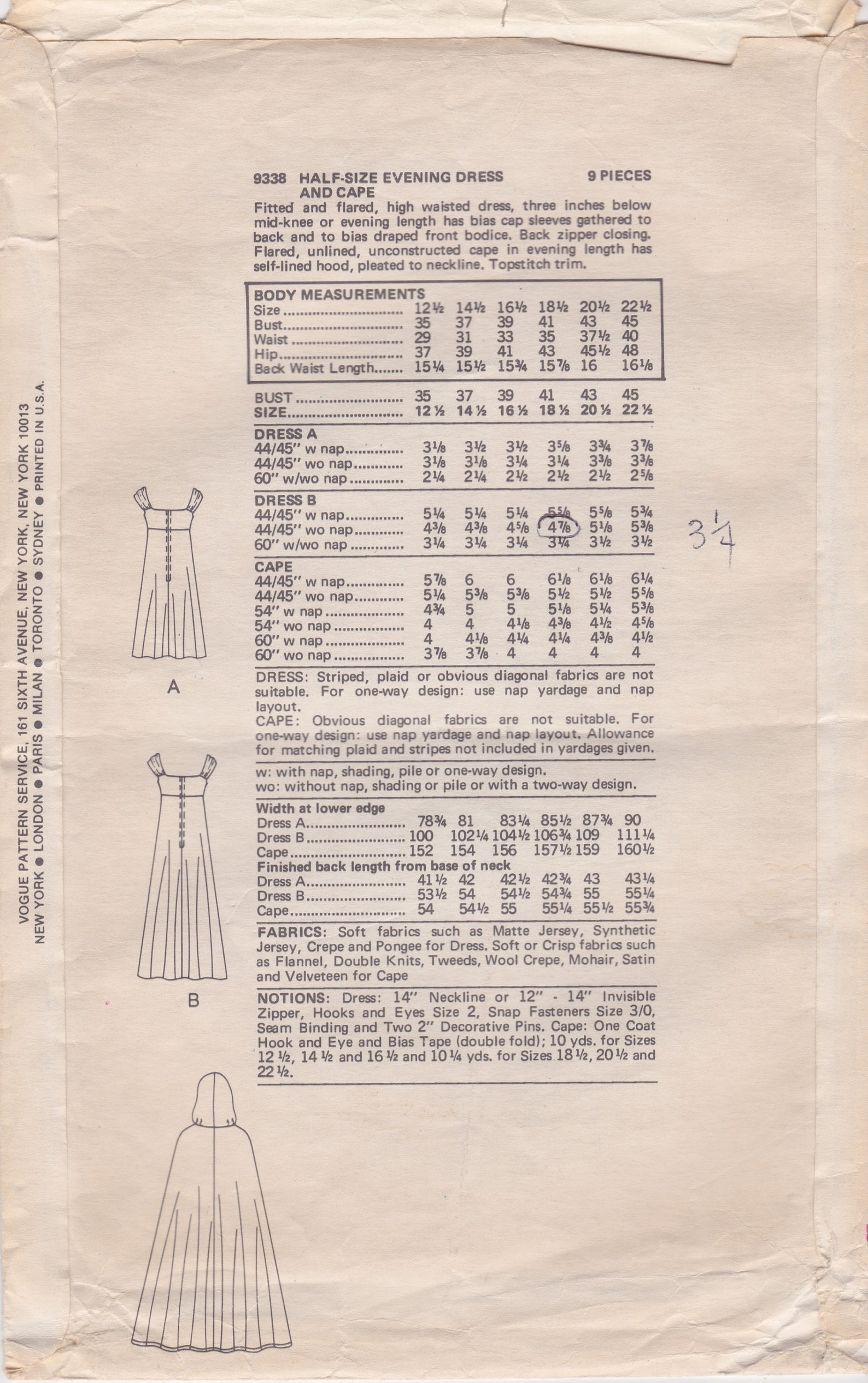 Vogue 9338 / Vintage Sewing Pattern / Cape Cloak Dress Gown / - Etsy