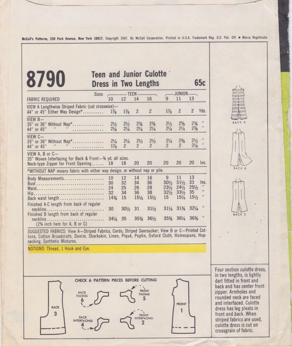 Patterns Sewing & Needlecraft Culotte Dress McCalls 8790 Vintage Sewing ...