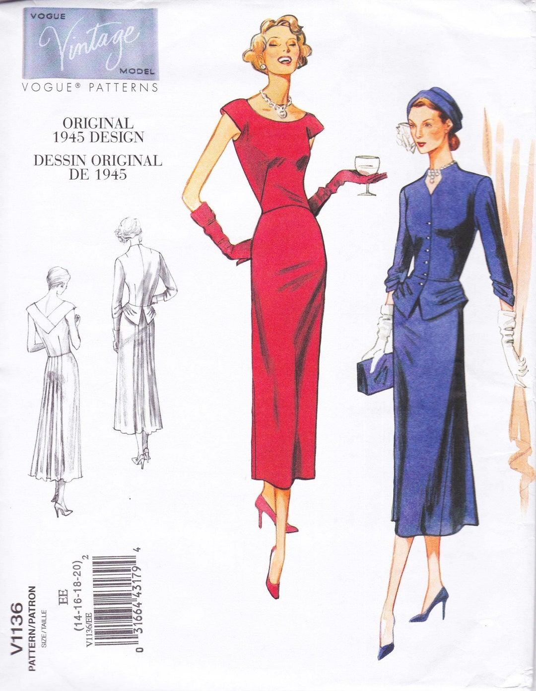 Vogue 1136 Reproduction Sewing Pattern 1940s Design Reissue Dress and ...