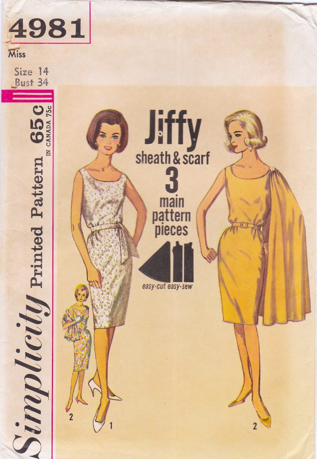 Simplicity 4981 Vintage Sewing Pattern Dress and Attached Stole Size 14 ...