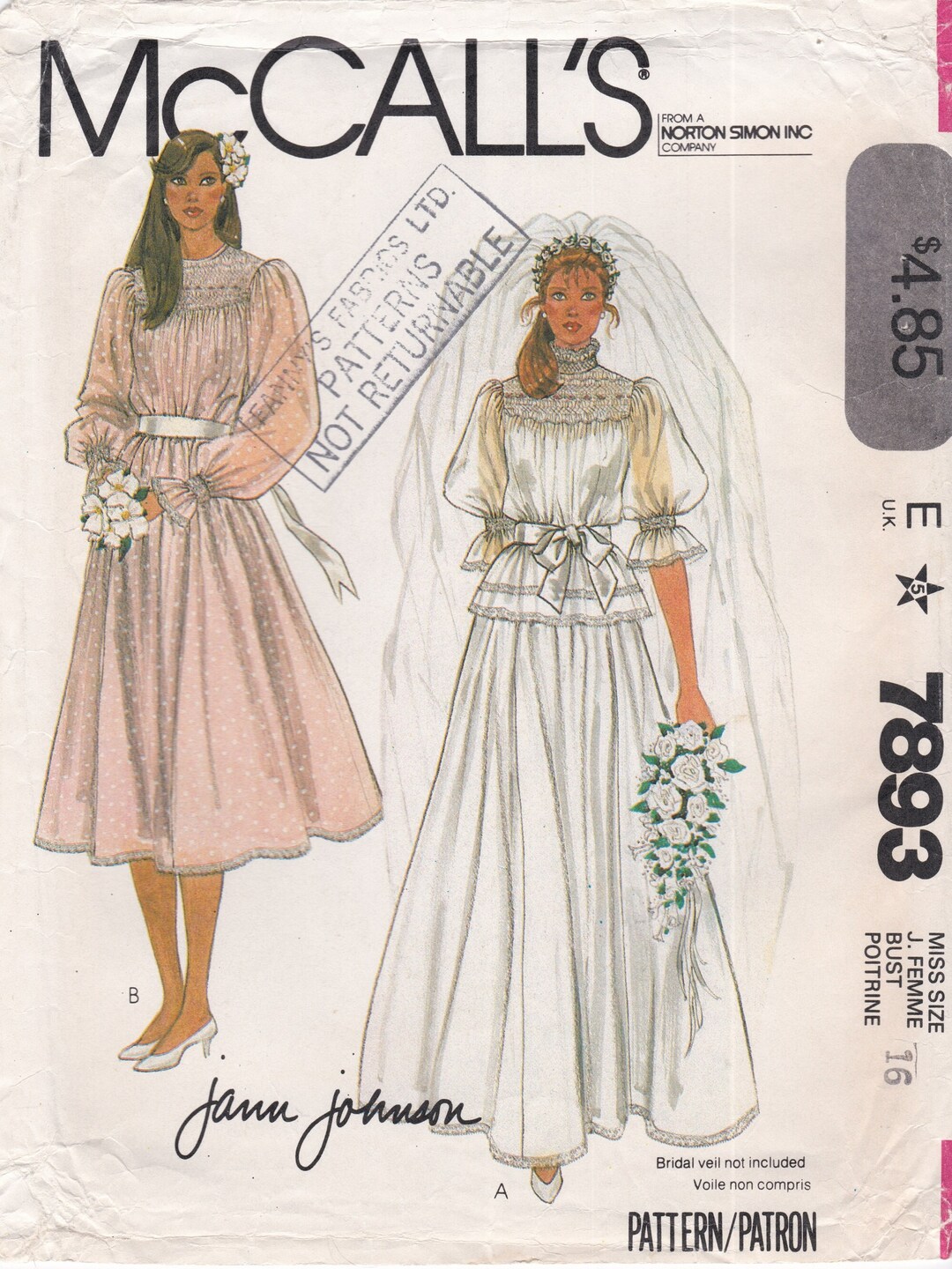 Mccalls 7893 Vintage Sewing Pattern Wedding Dress Bridal Gown Size 16 ...