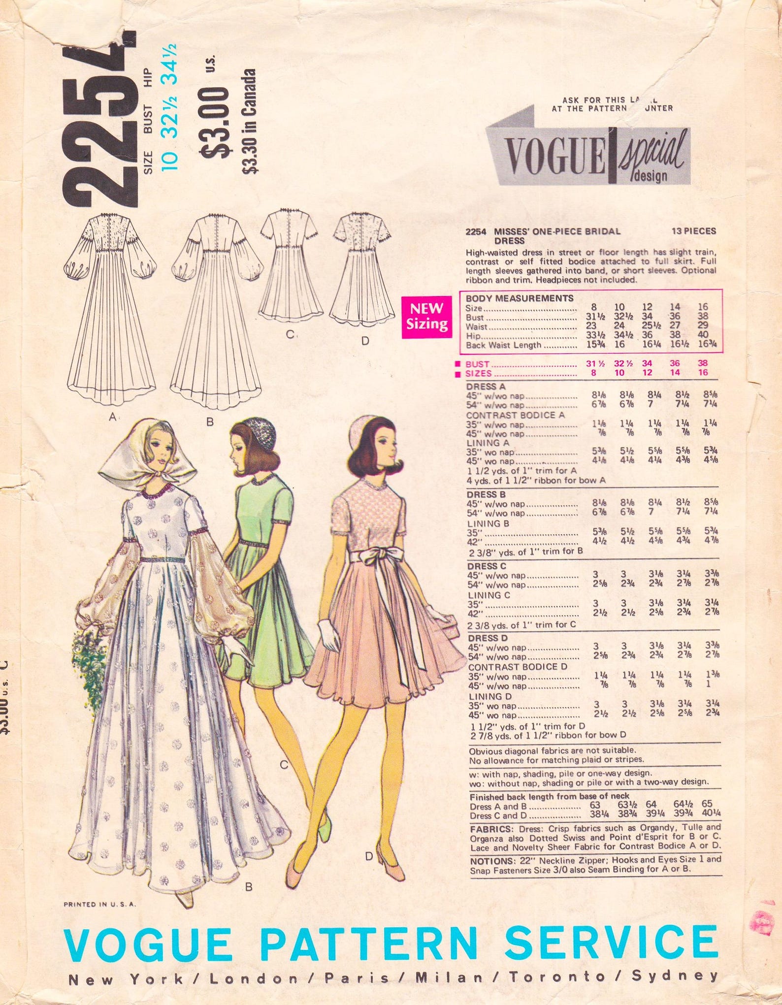 Vintage Special Design Sewing Pattern Vogue 2254 Wedding Dress Bridal ...