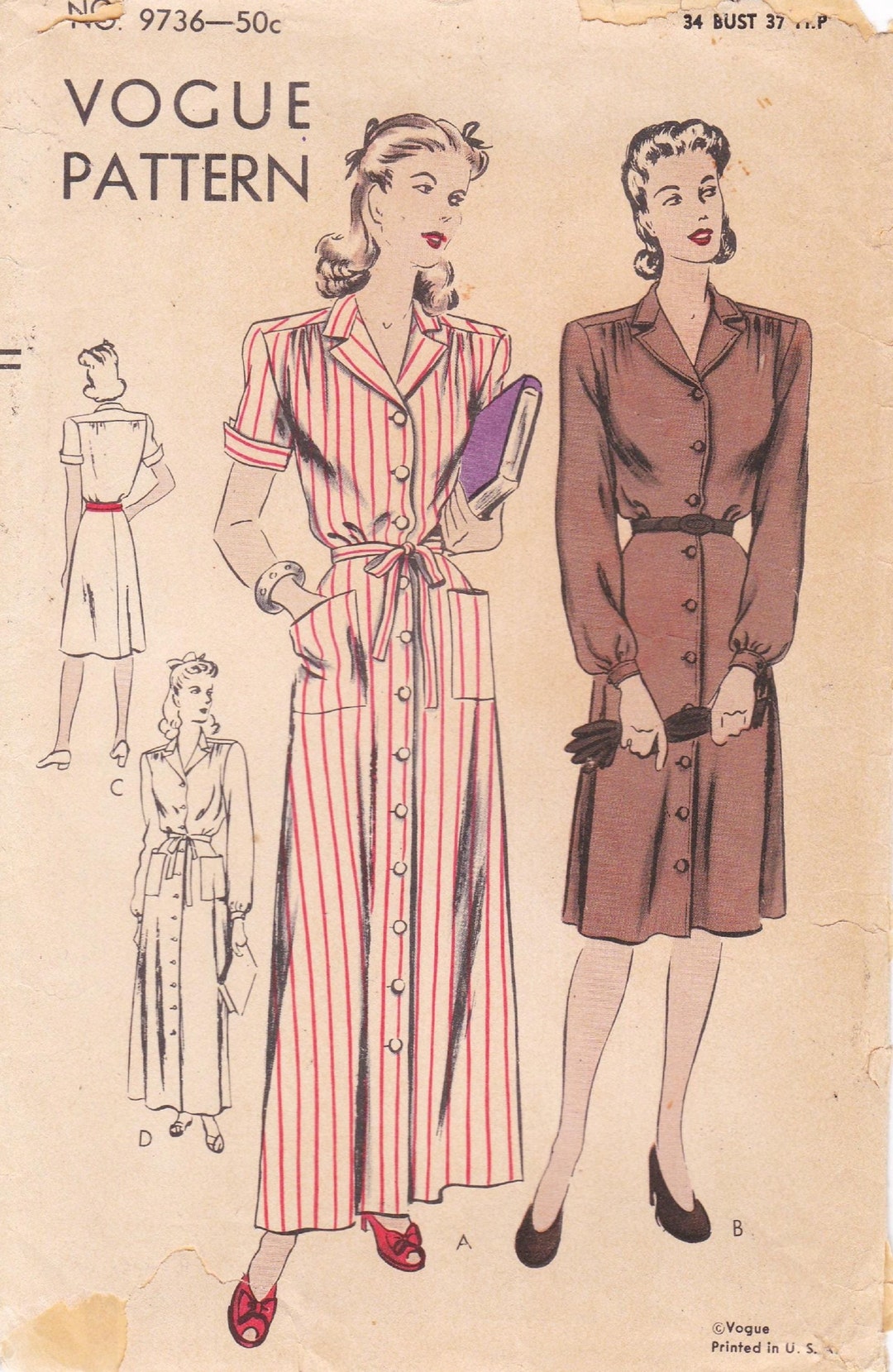 Vogue 9736 Vintage 1940s Sewing Pattern Dress Housecoat Robe Bust 34 - Etsy