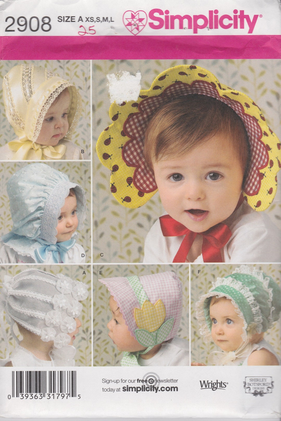 Simplicity 2908 Childs Sewing Pattern by Shirley Botsford Cap Hat Bonnet for Infant Toddler ...