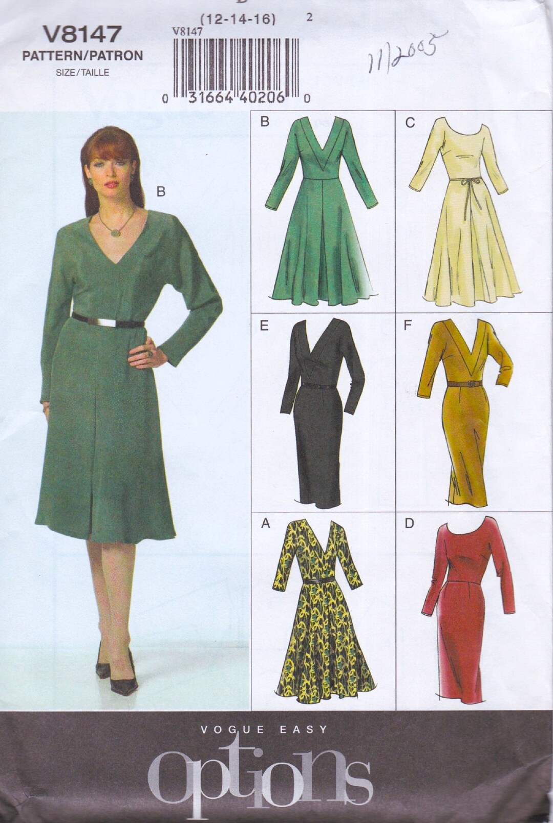 Vogue Easy Options 8147 Sewing Pattern Dress Sizes 12 14 16 Bust 34 36 ...