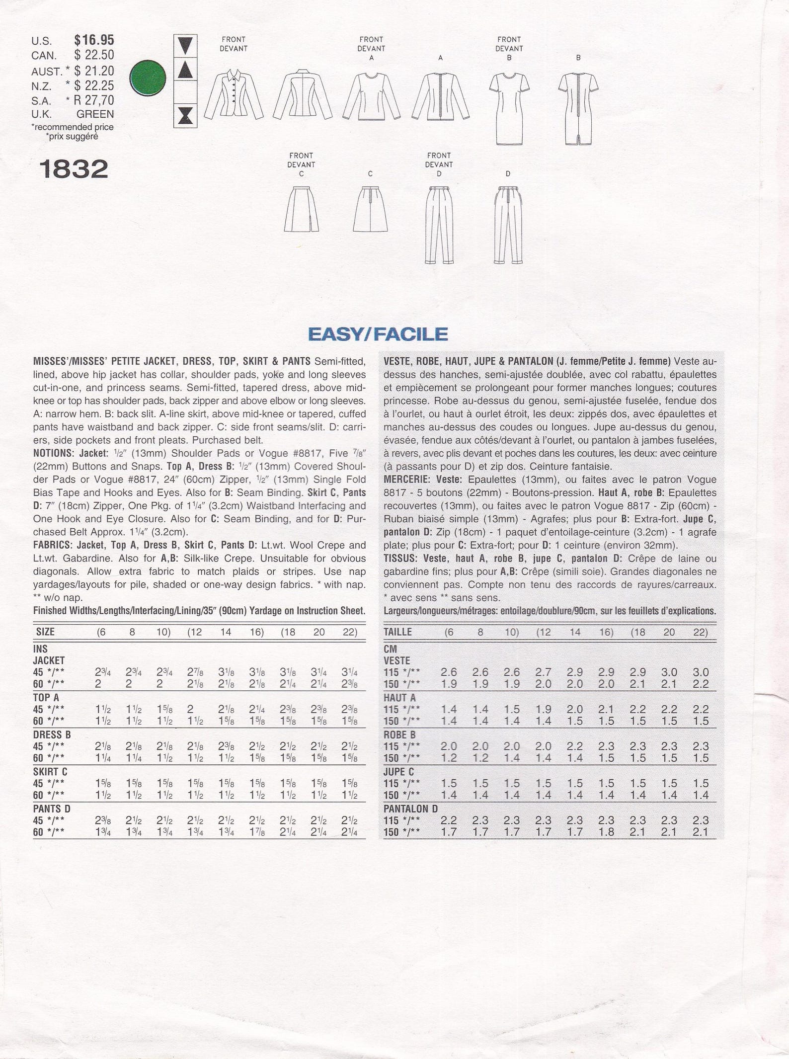 Vogue 1832, Sewing Pattern, Dress, Jacket, Pants, Skirt & Top, Sizes 6 ...