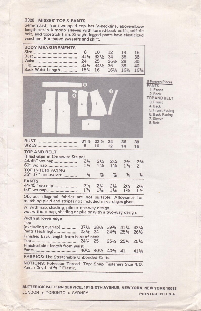 Butterick 3320 Vintage Sewing Pattern Trousers Pants Jacket Top Size 14 ...