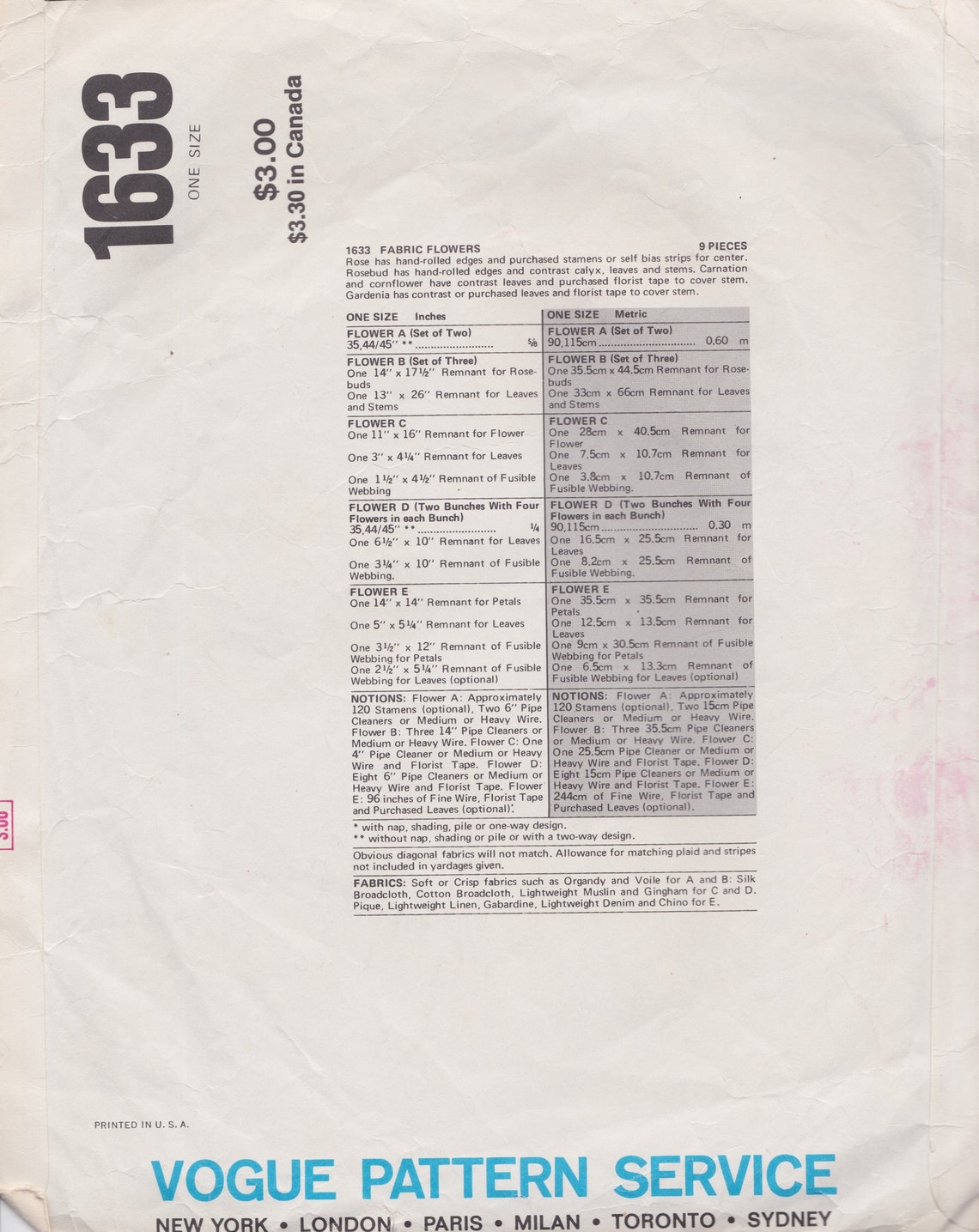 Vogue 1633 / Vintage 1970s Sewing Pattern / Fabric Flowers / - Etsy